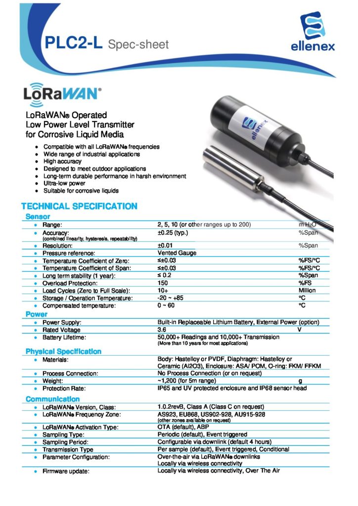 PLC2-L-Ellenex LoRaWAN Low Power Level Transmitter for Corrosive Liquid ...